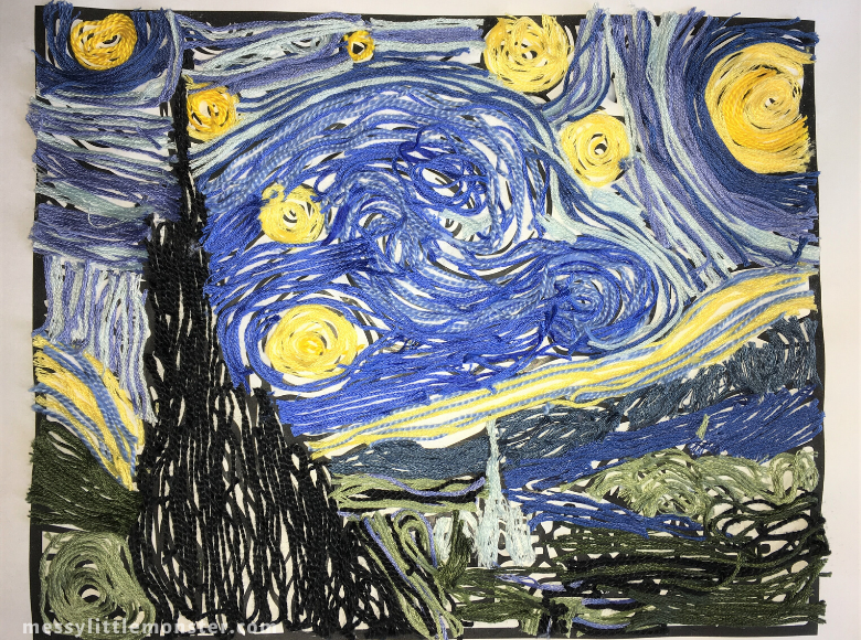 Van Gogh Starry Night Inspired Yarn Craft for Kids (printable included) - Messy Little Monster