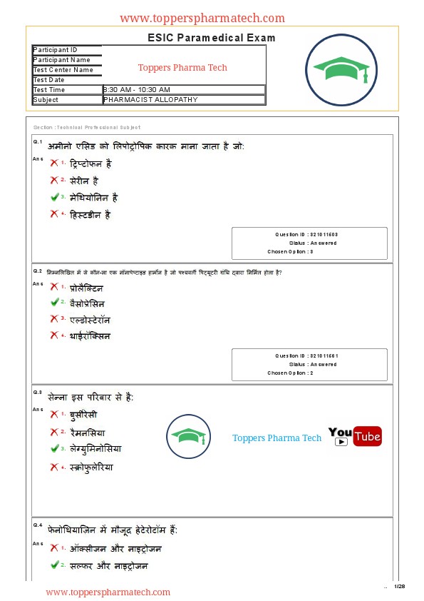 Topper's Pharma Tech: ESIC Pharmacist Exam 2019 Solved Question Paper Pdf
