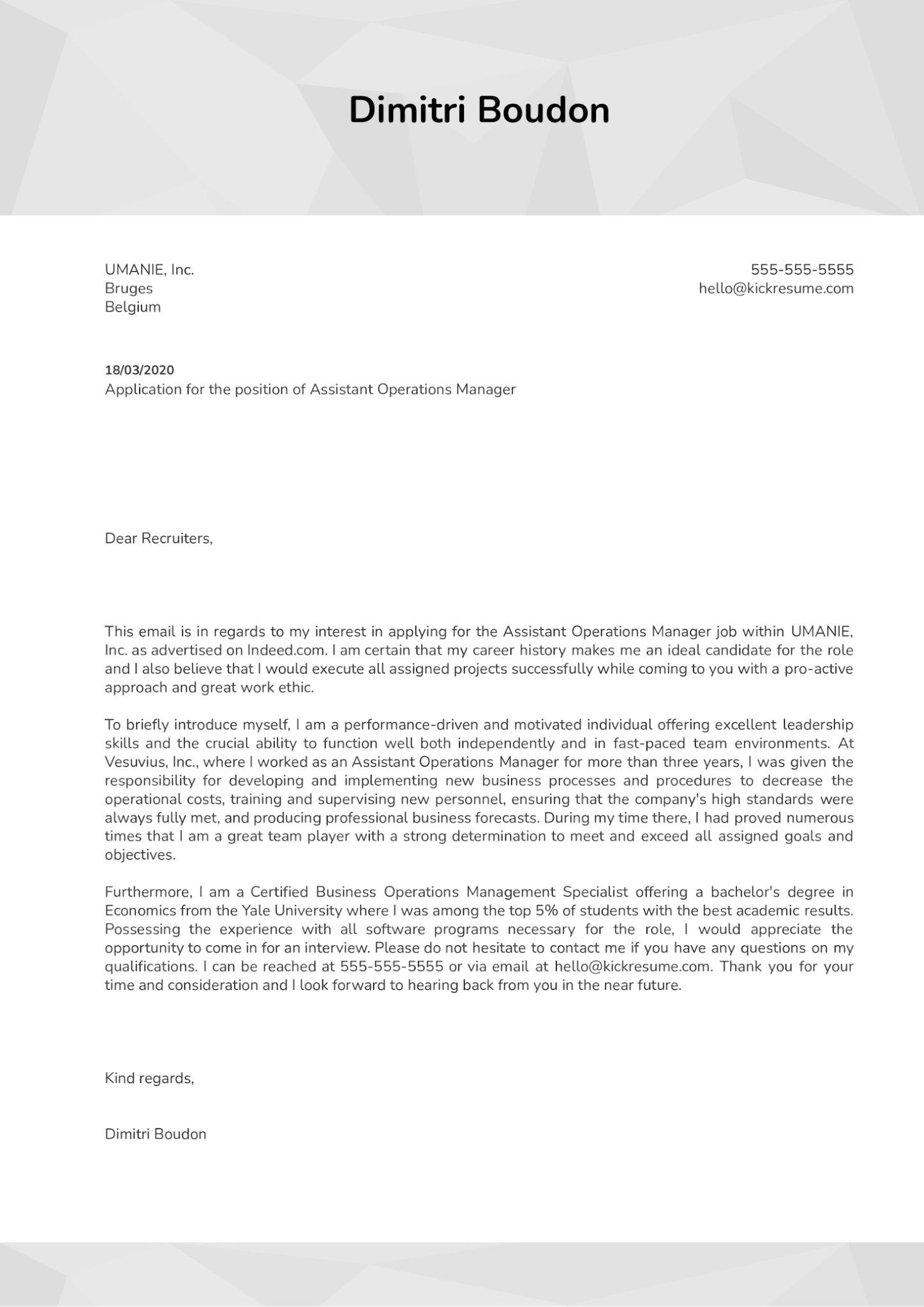 Operations Support Cover Letter ~ Resume Letter