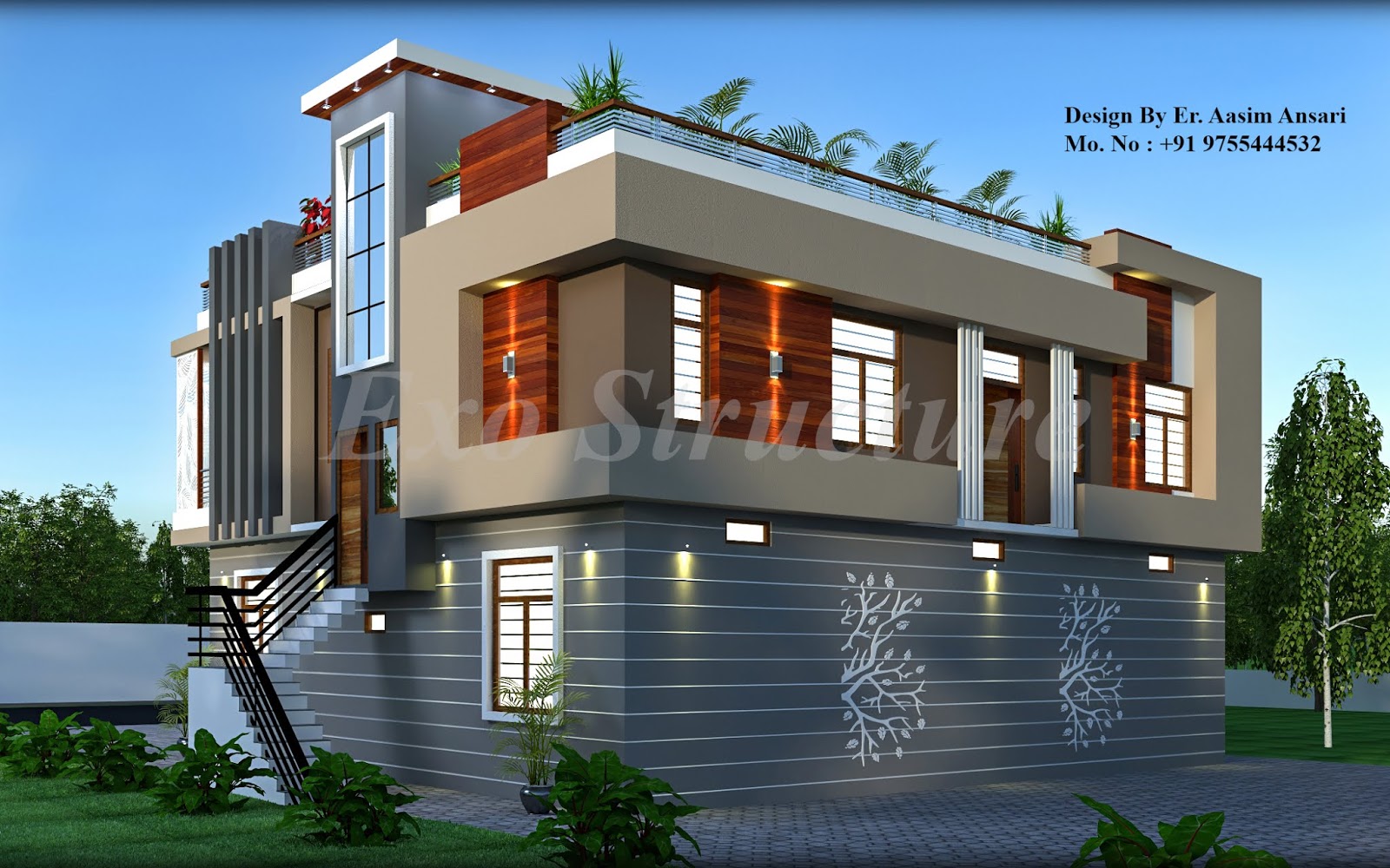 36'x42' G+1 Corner Plot Elevation Design, Area (1512 Sq Feet )