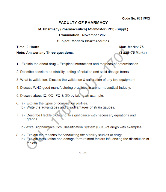 Osmania University M. Pharmacy (pharmaceutics) I-Semester (PCI) (Suppl ...