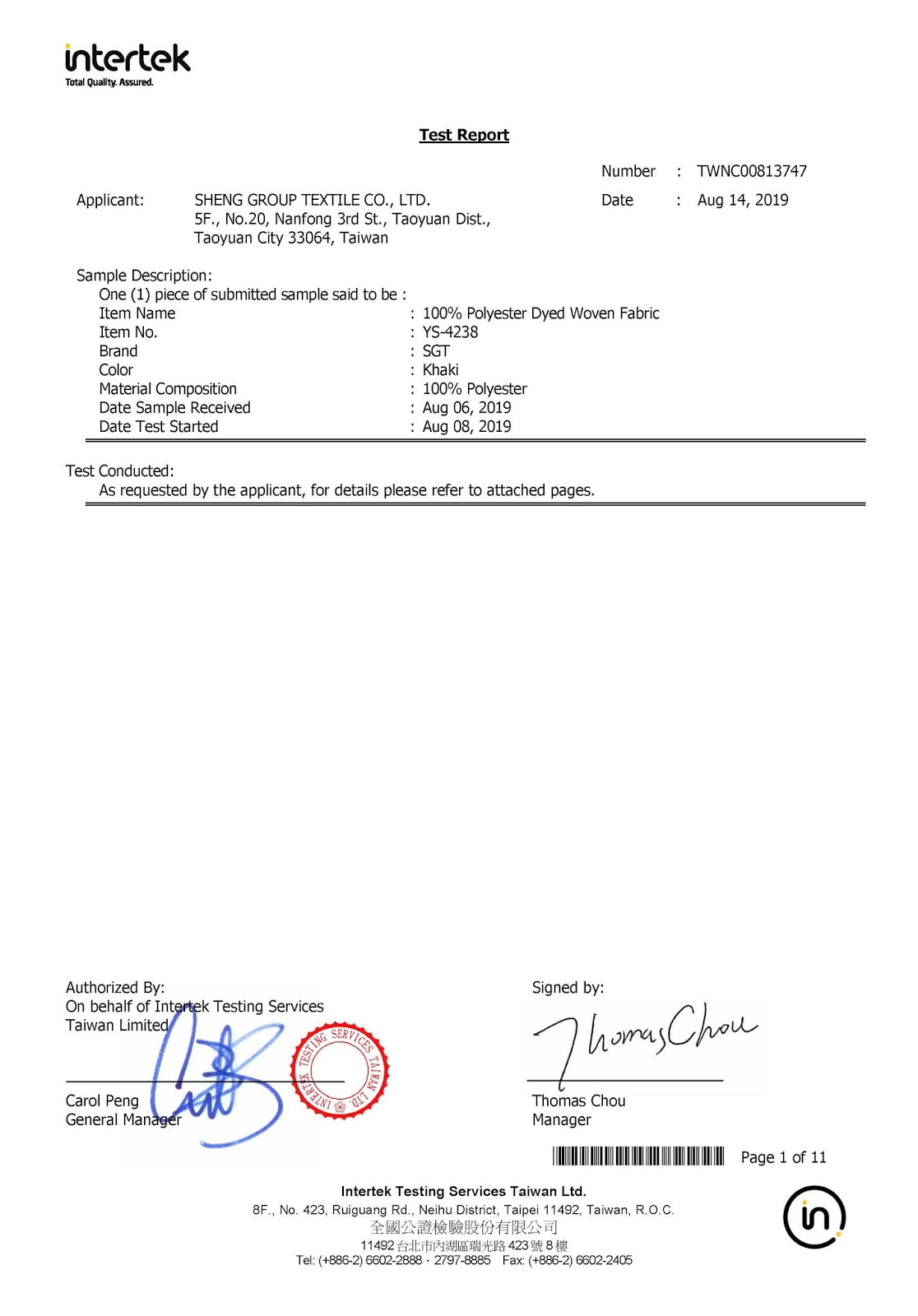 SHENG GROUP TEXTILE (Taiwan): Test report for Saudi Arabian Standards ...