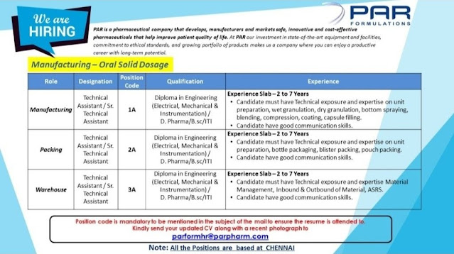 PAR Formulations - Openings for Manufacturing / Packing / Warehouse ...
