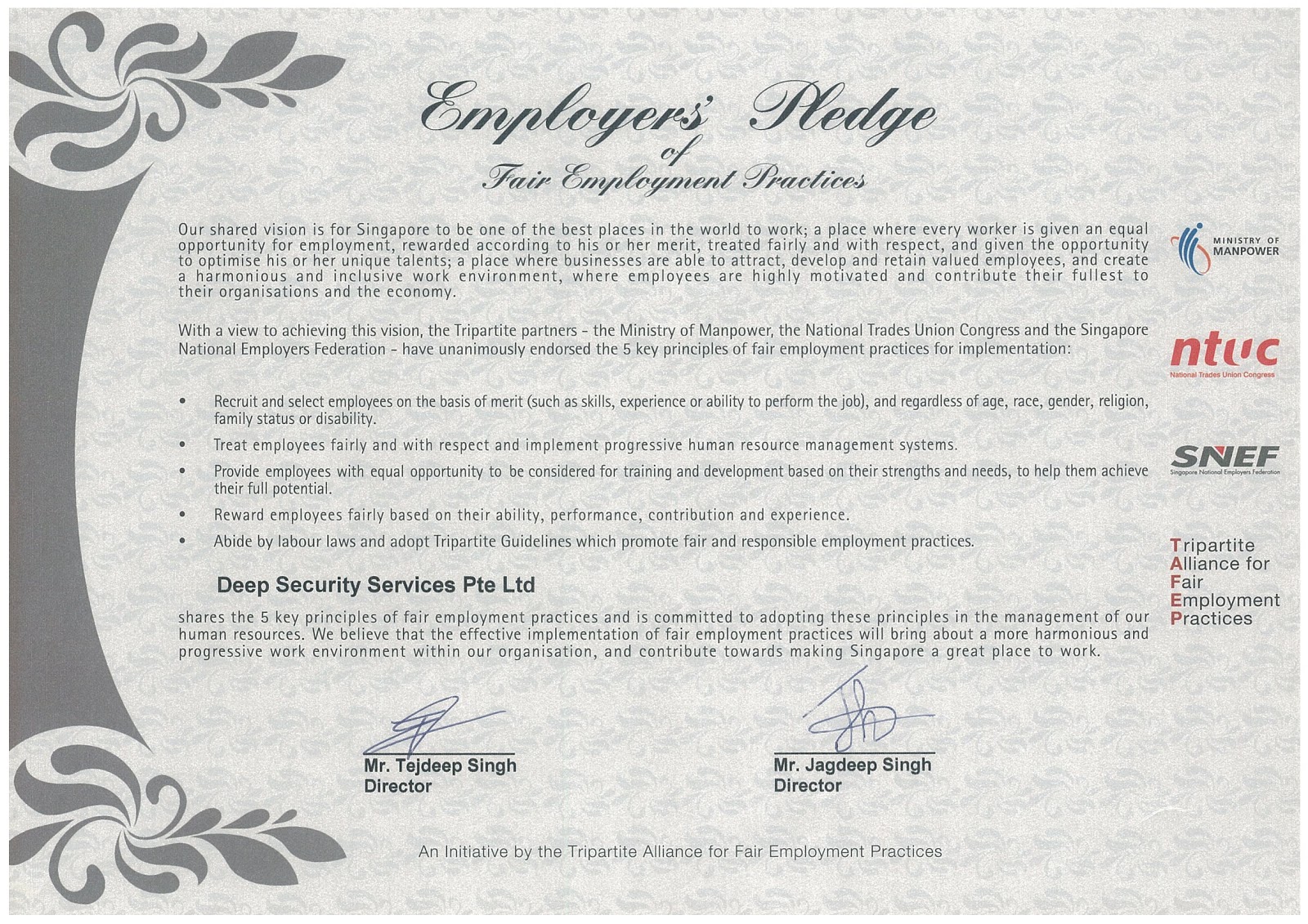 Employer's Pledge of Fair Employment Practices ( Deep Security )