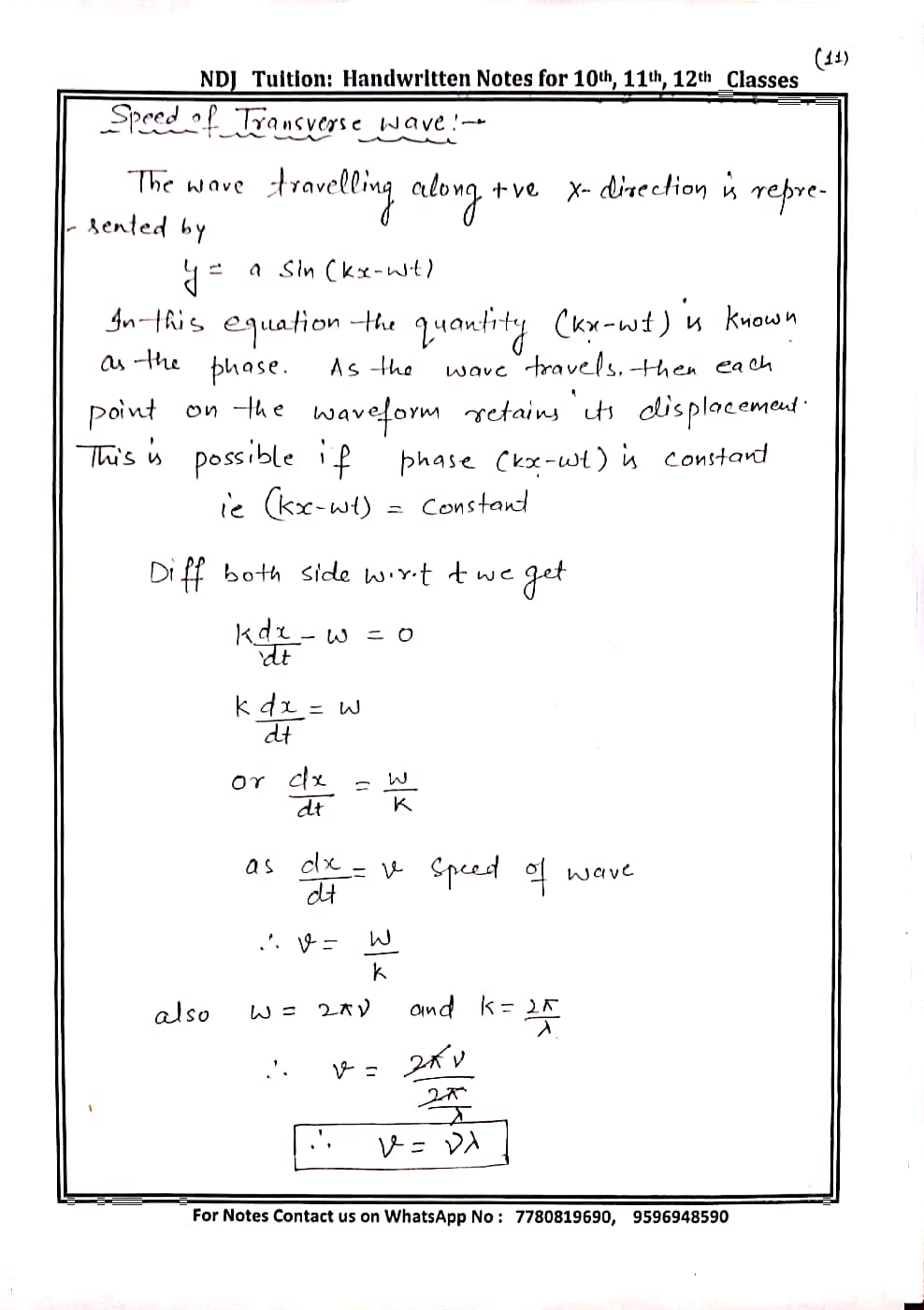 Waves Handwritten Notes For 11th Class Physics