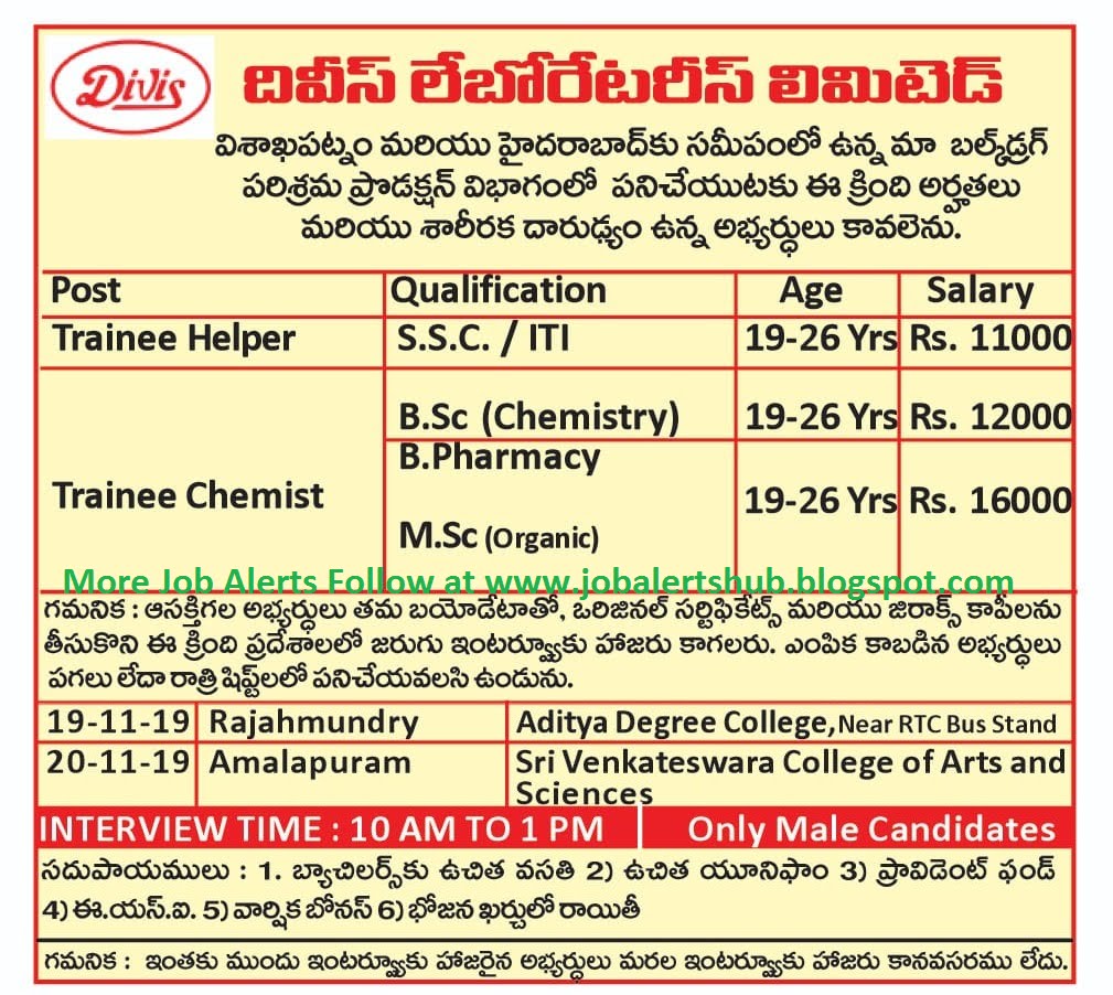 DIVIS LABORATORIES - Walk-In Interview on 19th & 20th Nov 2019 for Trainee Helper / Chemist (S.S ...