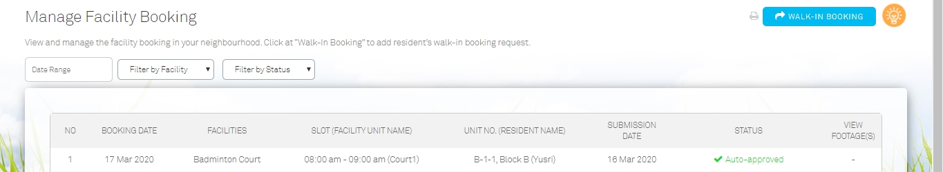 Walk-in Facility Booking