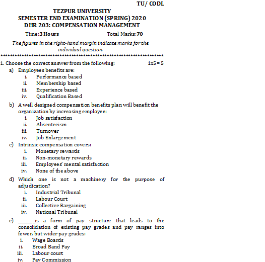 TEZPUR UNIVERSITY (TU/CODL) SEMESTER END DHR 203: COMPENSATION ...