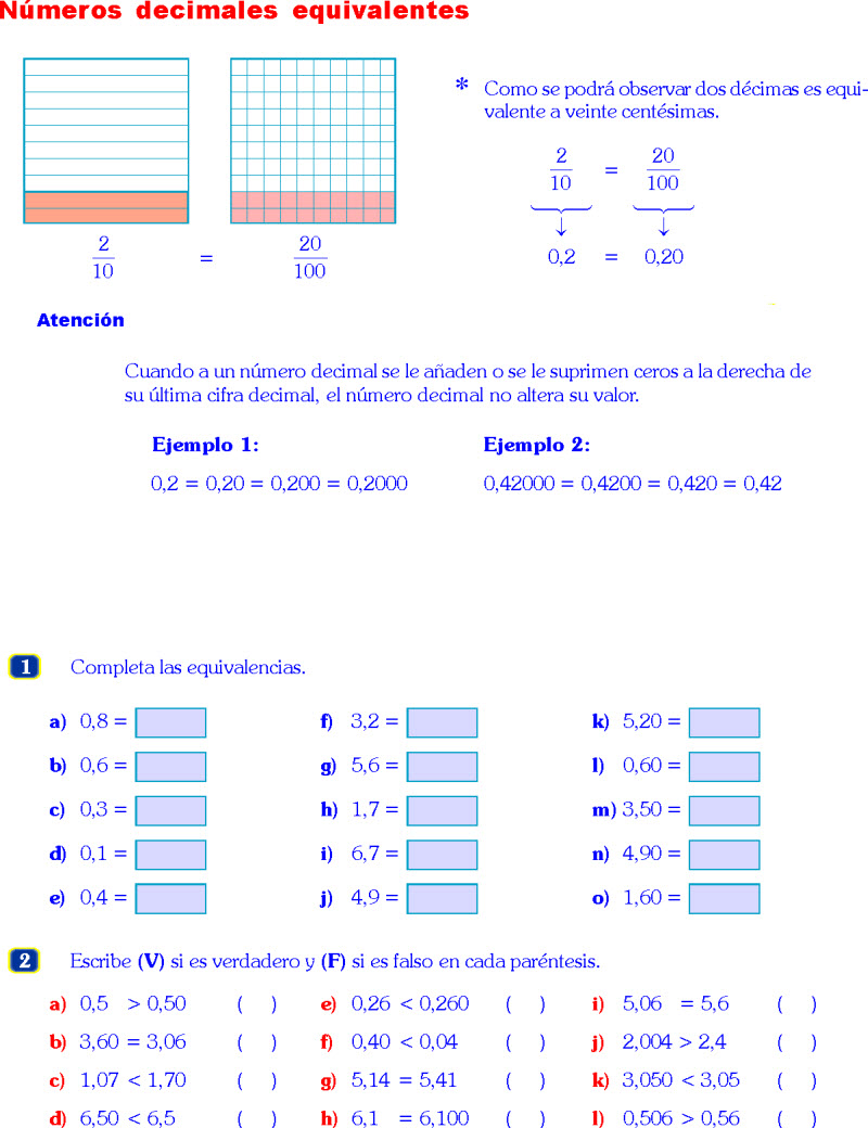 NUMEROS DECIMALES EQUIVALENTES EJEMPLOS DE MATEMATICAS DE PRIMARIA