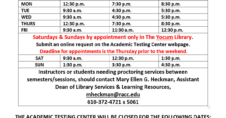 The Yocum Library Blog: Academic Testing Center Hours for Spring Semester