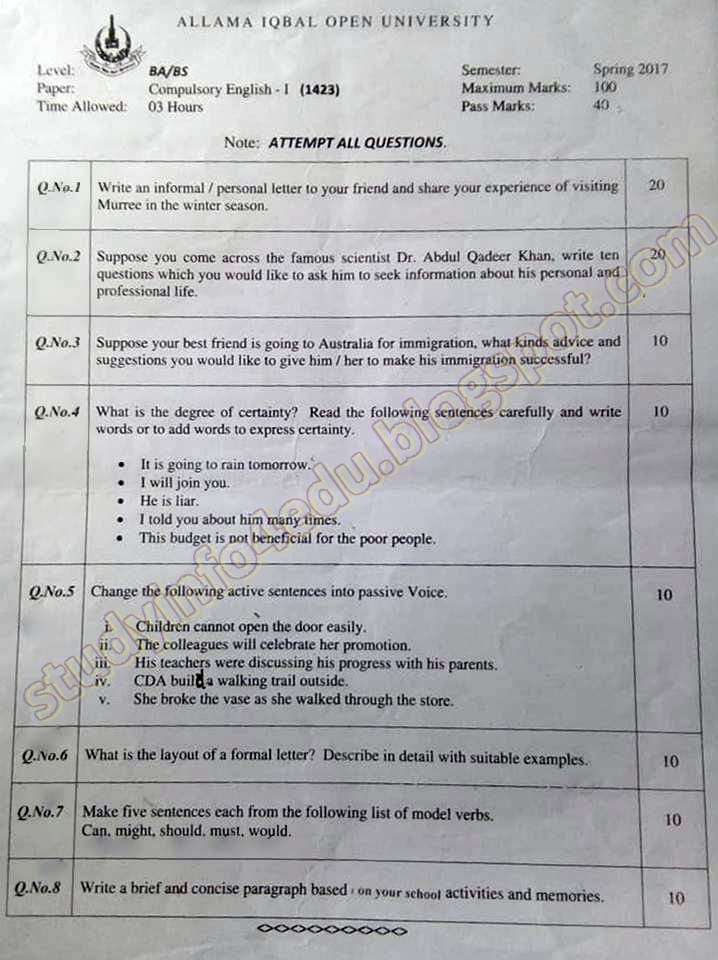 1423 aiou Past paper Compulsory English-I Spring 2017