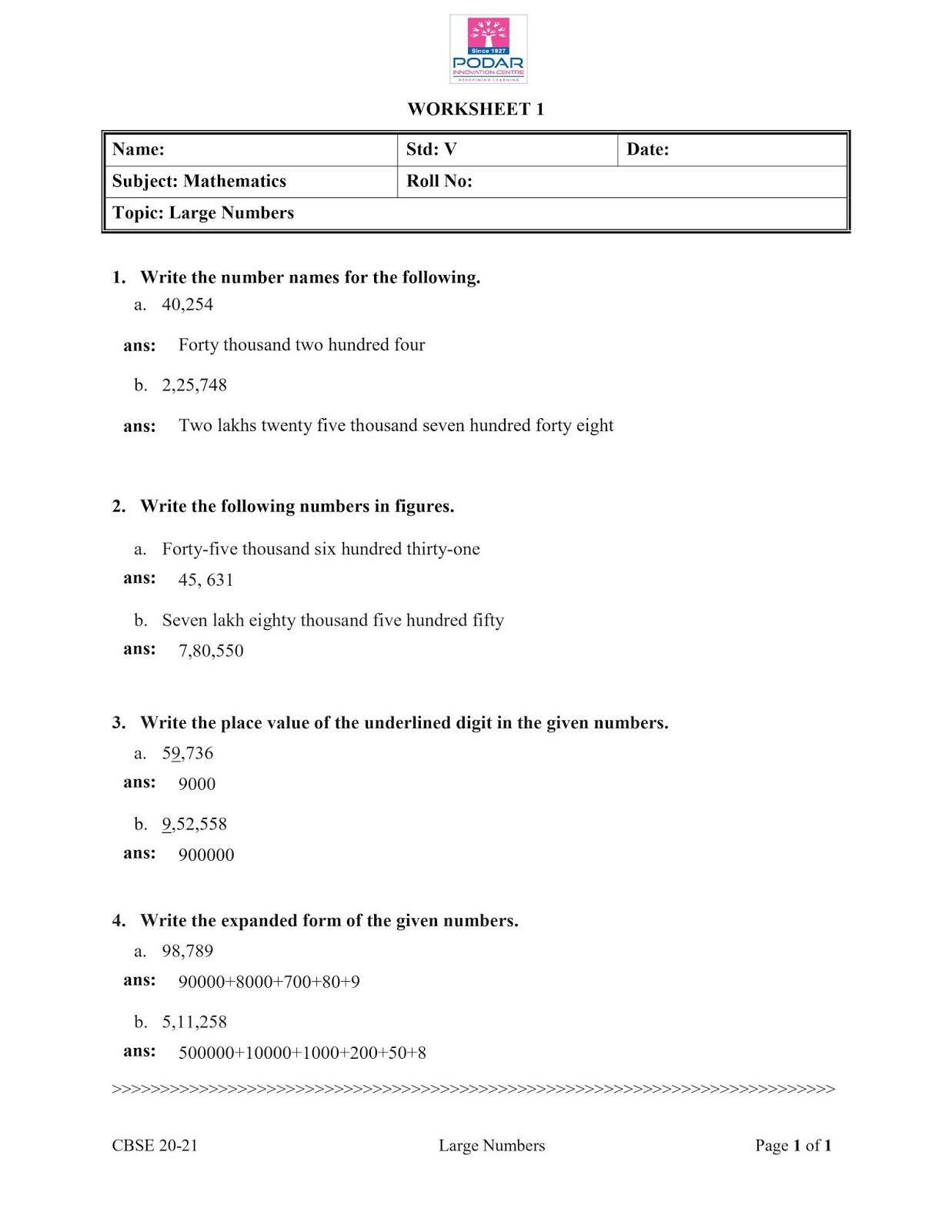 Math Ch-1 Large Numbers(workbook exercise and worksheets)