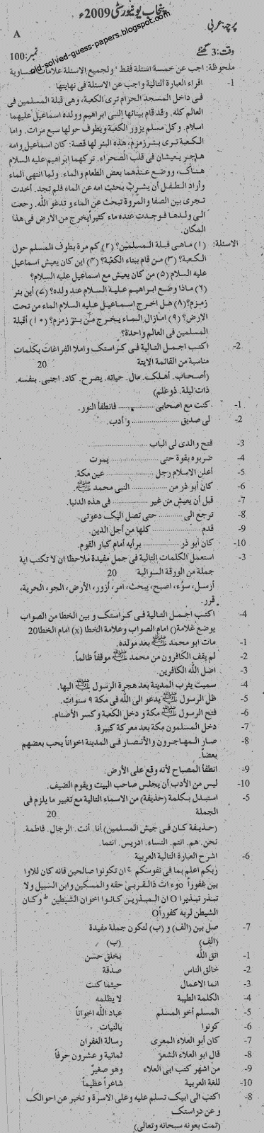 PU B.A Arabic Paper A, B and Optional - Old, Solved and Guess Papers