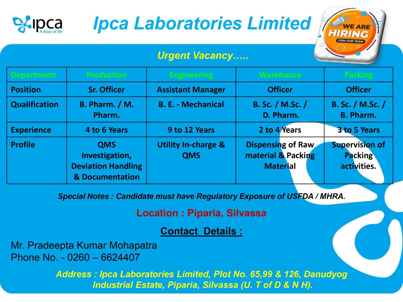Ipca Laboratories Limited Openings In Multiple Departments - Pharma Page