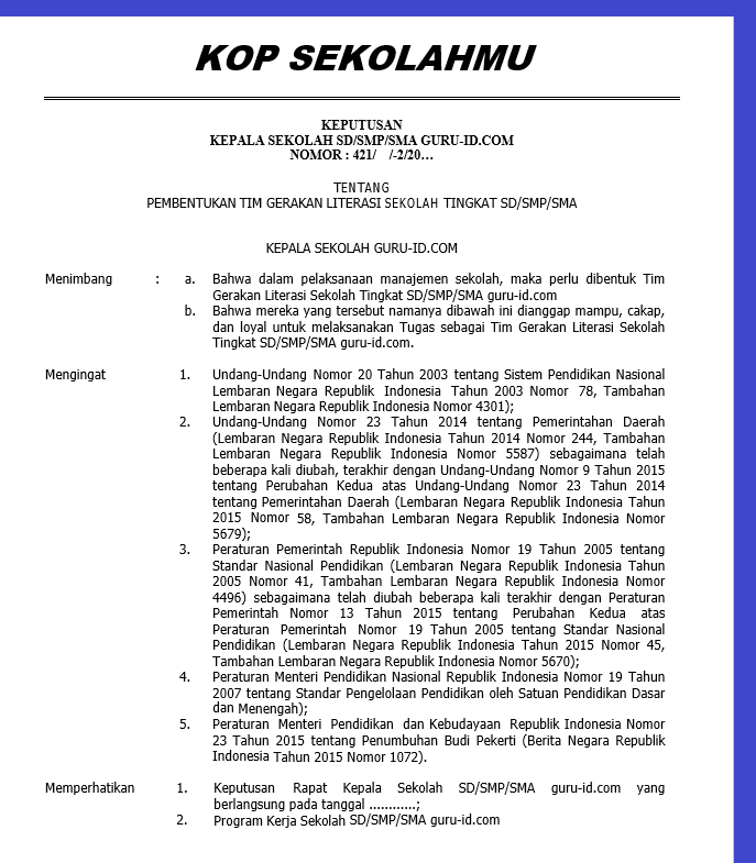 Contoh SK Tim Literasi Sekolah SD SMP SMA dan SMK 2021/2022 - Modul Ajar Kurikulum Merdeka