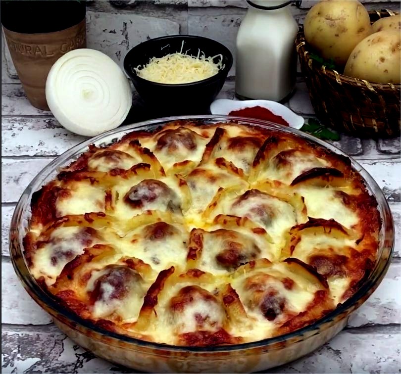 Cheesy Spinach Meatball And Potato Bake