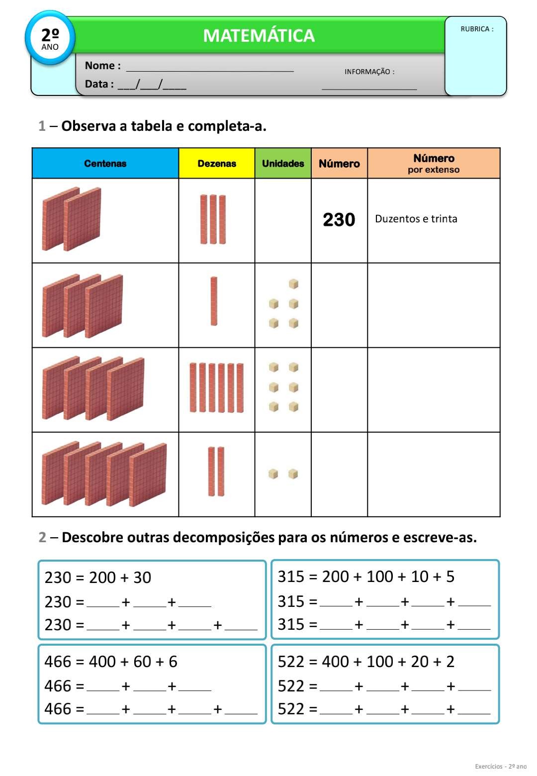 Matemática: 2° ano Fichas matemáticas com atividades variadas para o 2° ano do ensino ...