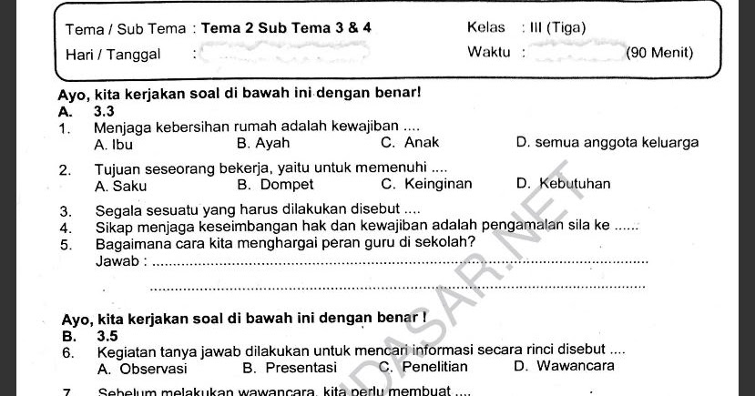 Soal Ulangan Kelas 3 K-13 Tema 2 Subtema 3 dan 4 - SekolahDasar.Net