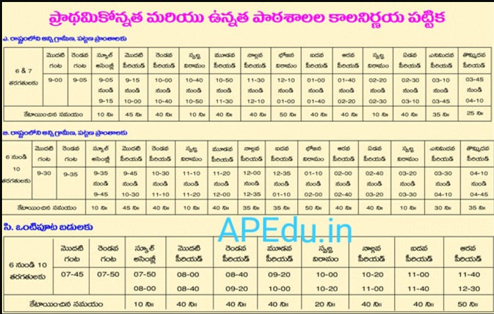 Half Day School Time Table of Primary and Upper Primary And High ...