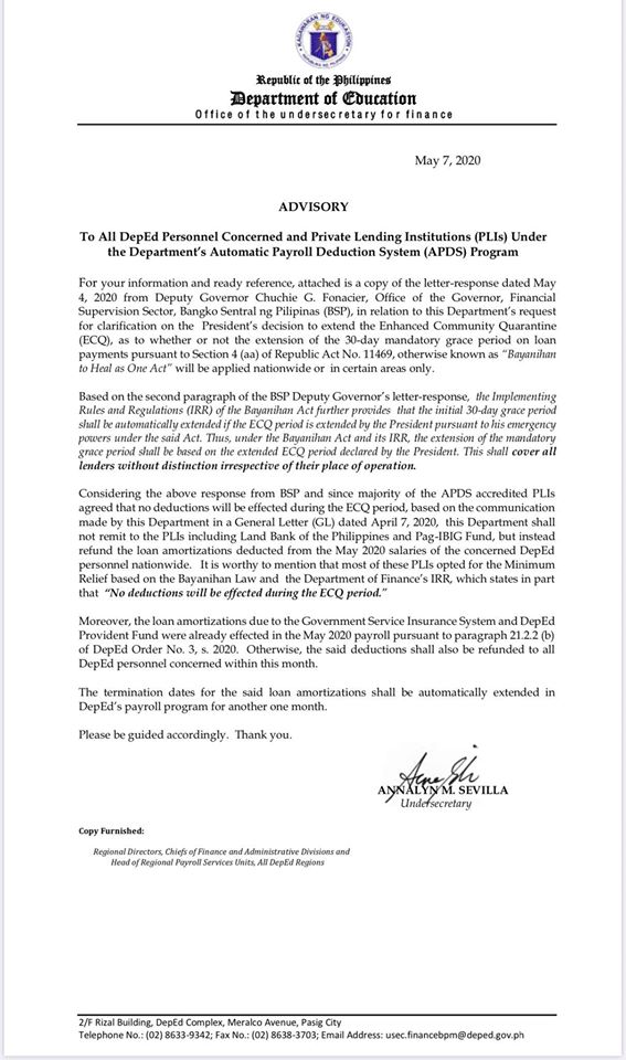 DepEd Advisory on the extension of the 30-day mandatory grace period on ...