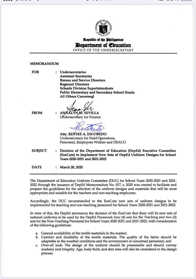 Implementation of new sets of DepEd uniform designs for next school ...