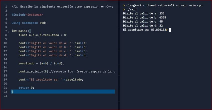 Aprendiendo C#, Python, C++, A.I, BASIC...: Expresión (a+b)/(c+d)