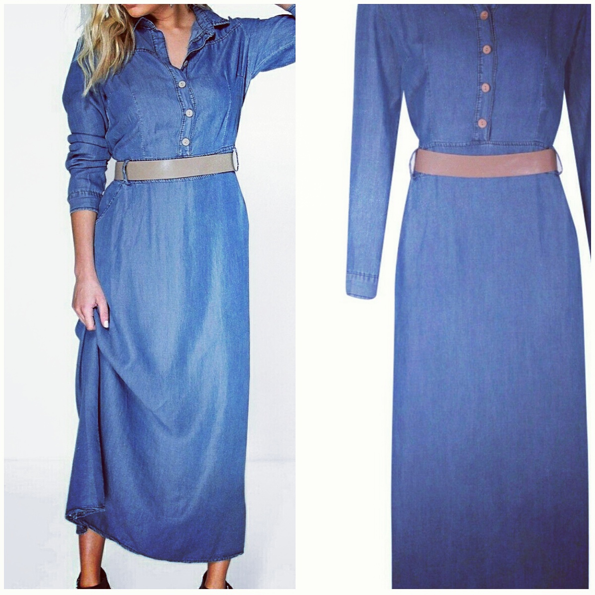 Modest Long Sleeve Maxi Dress - Denim