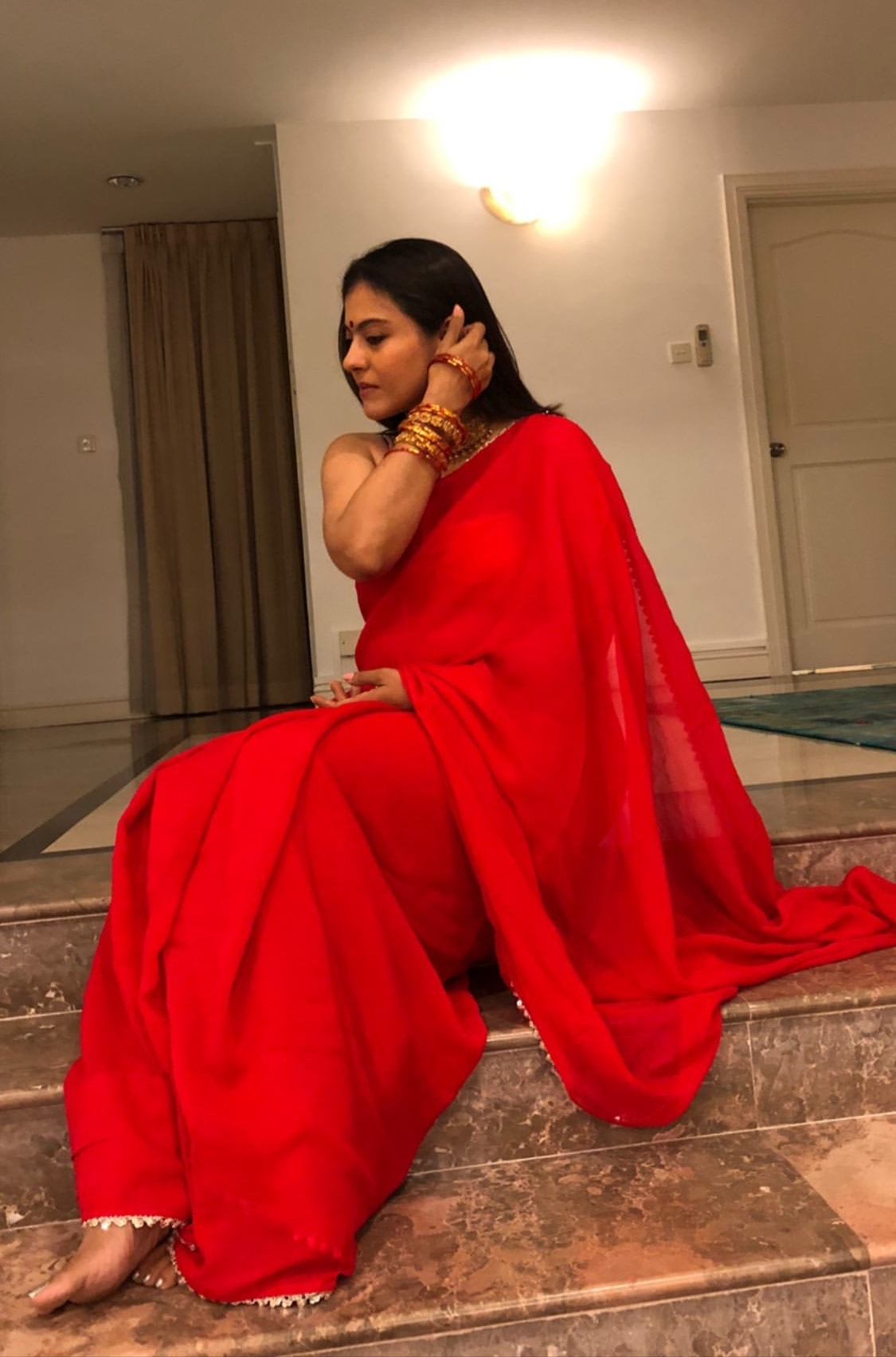 Kajol Devgan in Red Saree Festival celebrations Kajol Devgan in Red Saree Festival celebrations