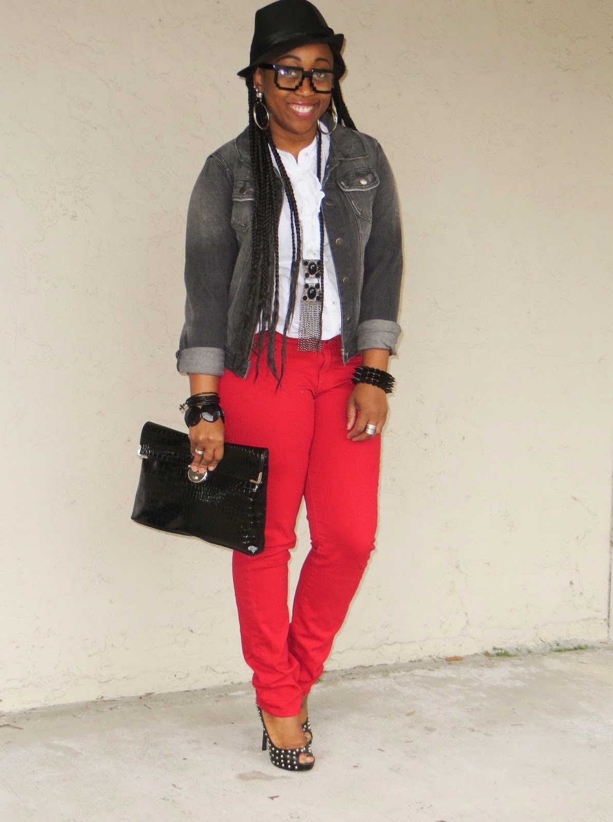 Outfit: Fedora, Ash Jean Jacket, and Red Skinnies
