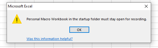 Excel-VBA Solutions: Personal Macro Workbook in the startup folder must stay open for recording ...
