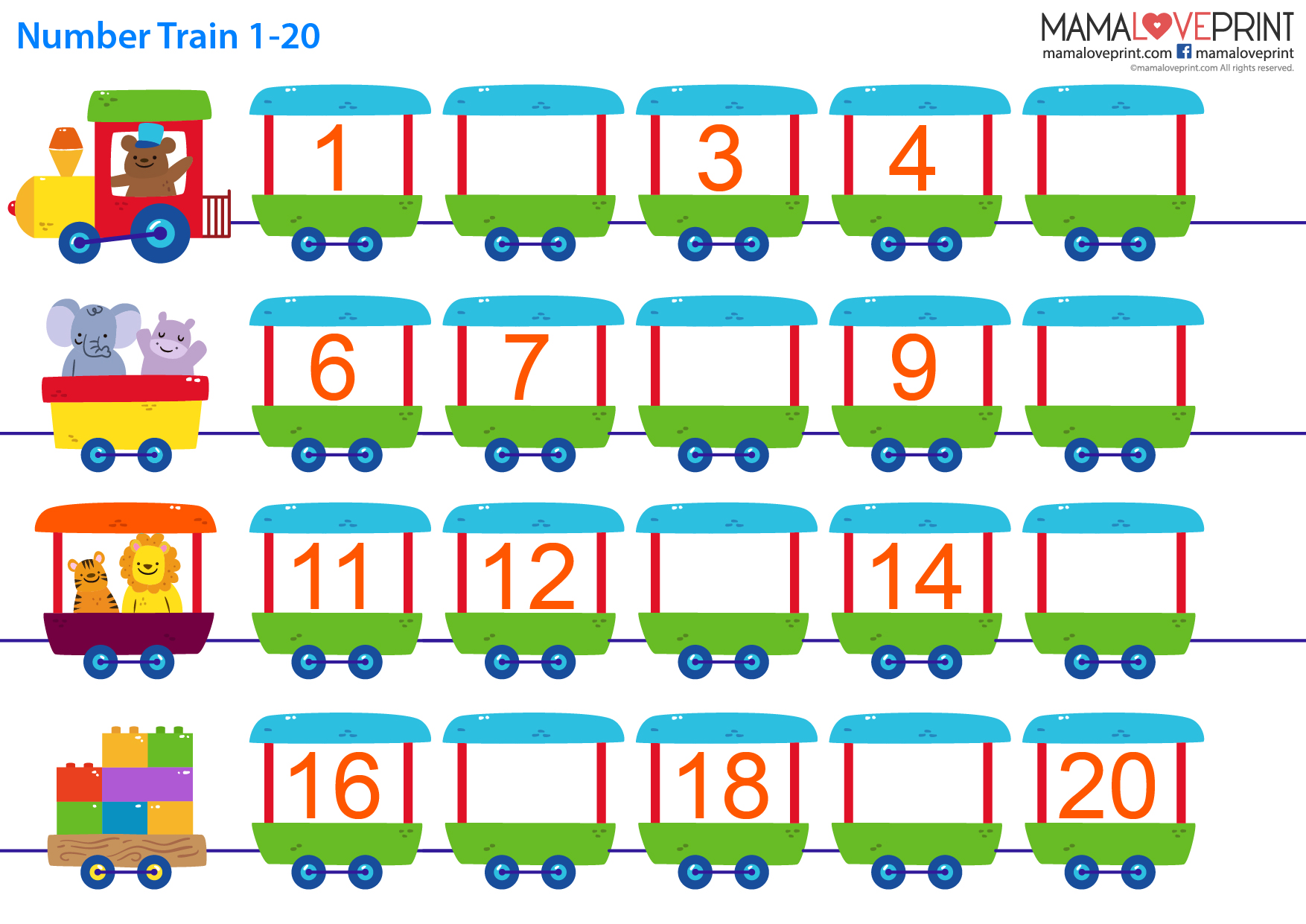 MamaLovePrint 自製工作紙 - 數數 1-20 火車 Number 1-20 Train Level 1 - 適合 K1 免費下載 ...