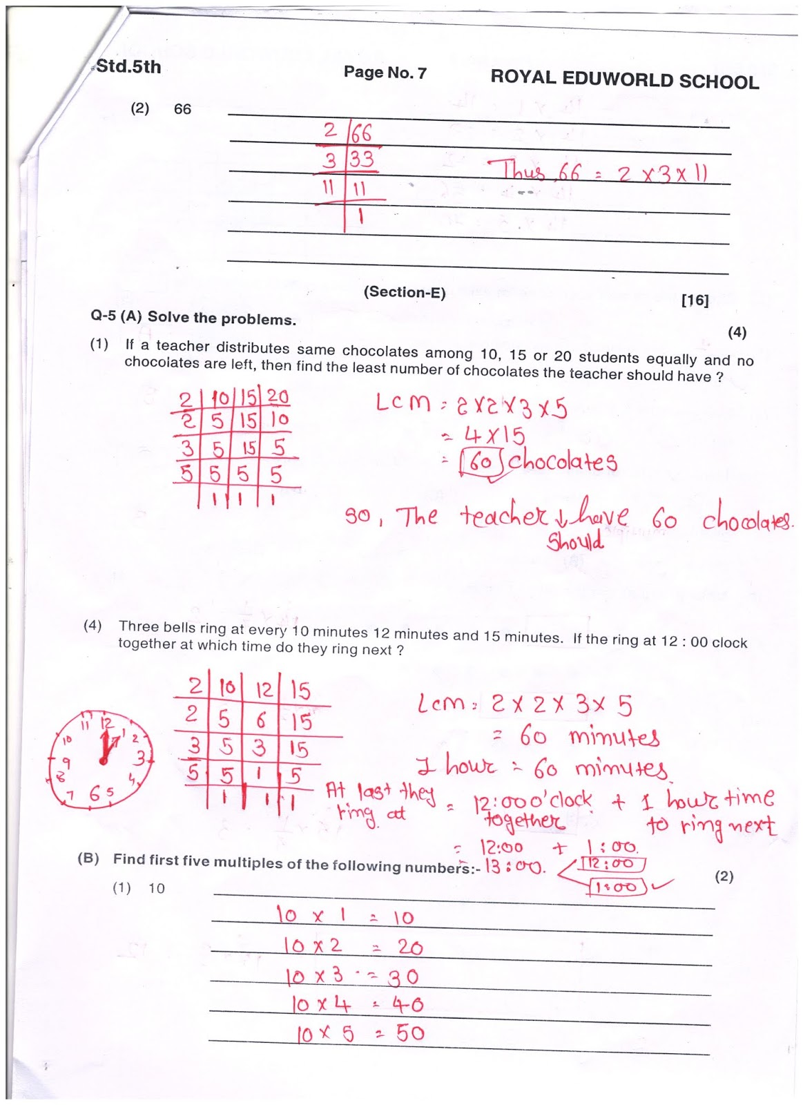 5th Standard MID Term Exam Paper - Maths