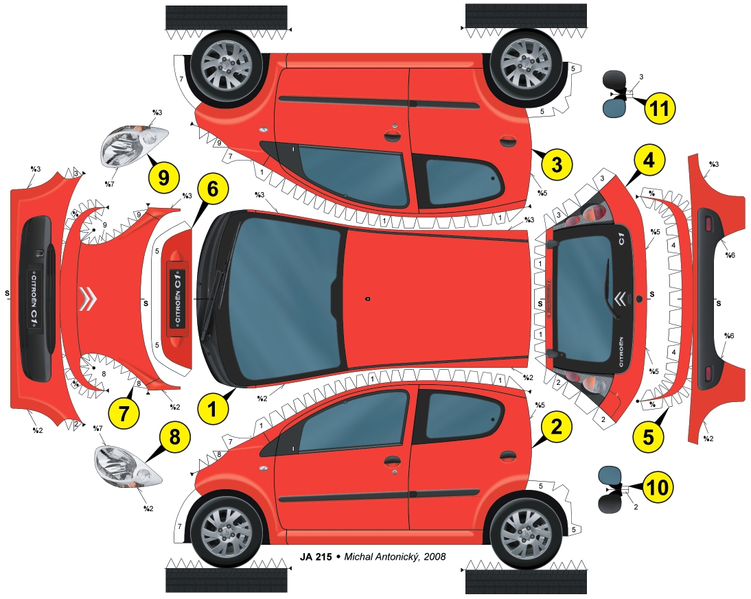 SP. Papel Modelismo: Paper Car - Auto Citroën C1 červený - Paper Craft