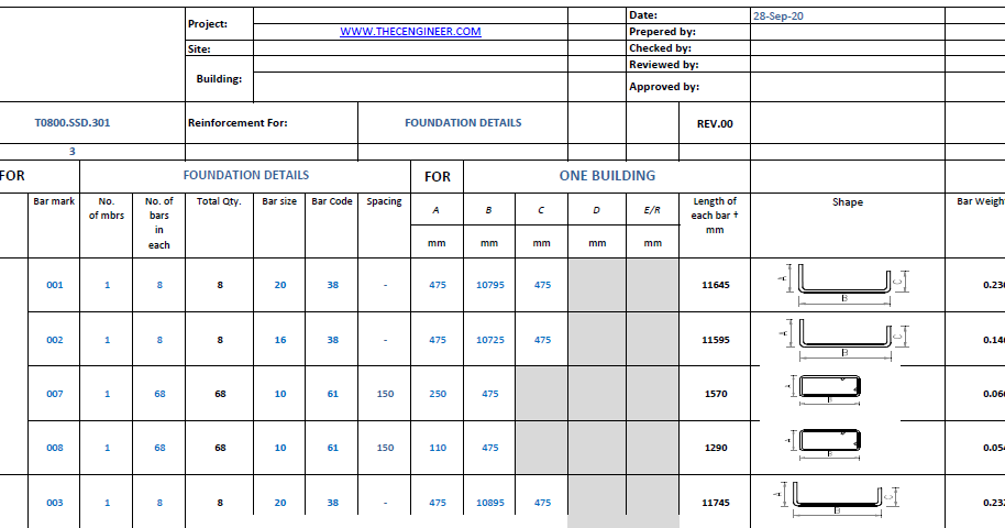 Bar bending schedule BBS excel sheet - CEngineer PEDIA