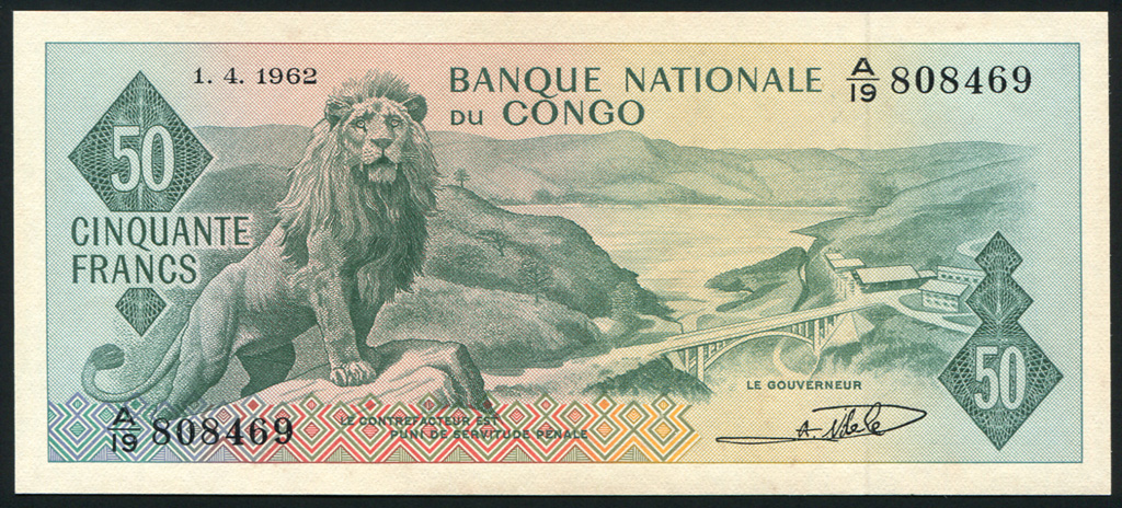 Congo Zaire banknotes 50 Congolese francs banknote 1962 Lion|World ...