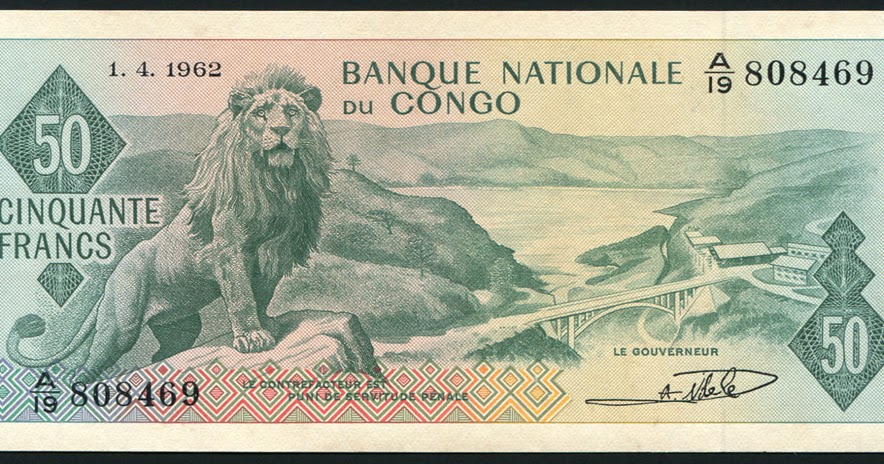Congo Zaire banknotes 50 Congolese francs banknote 1962 Lion|World ...