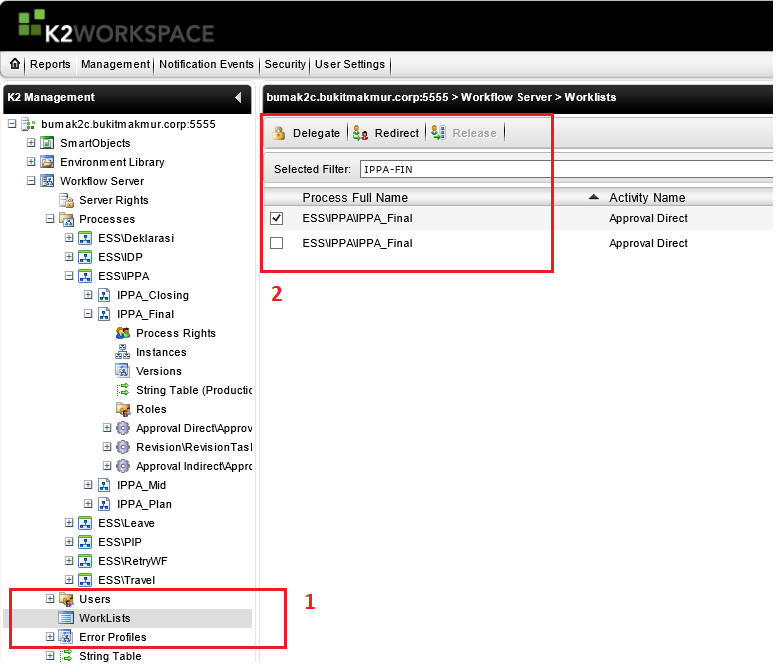 Delegate Task Using K2 Workspace