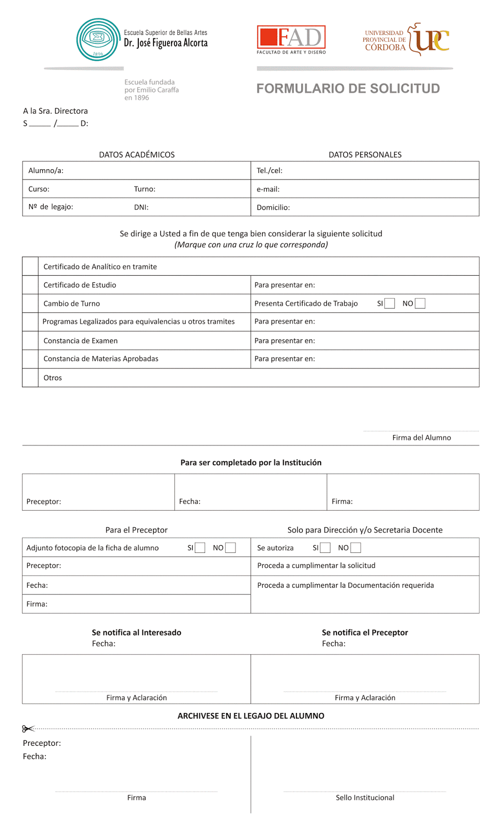 Escuela Superior de Bellas Artes "Dr. José Figueroa Alcorta": formularios