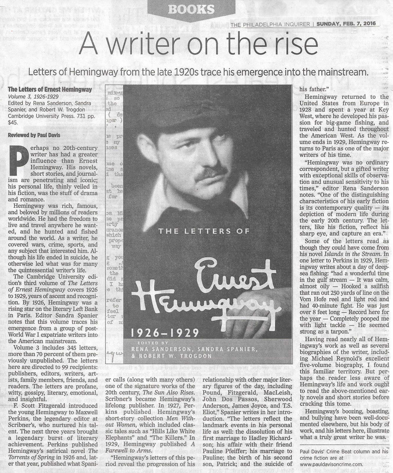 Paul Davis On Crime Happy Birthday To Ernest Hemingway