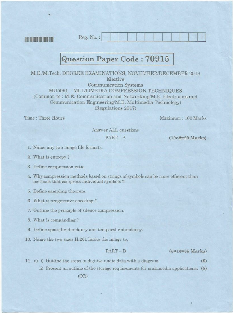 Anna University MU 5091-MULTIMEDIA COMPRESSION TECHNIQUES November ...