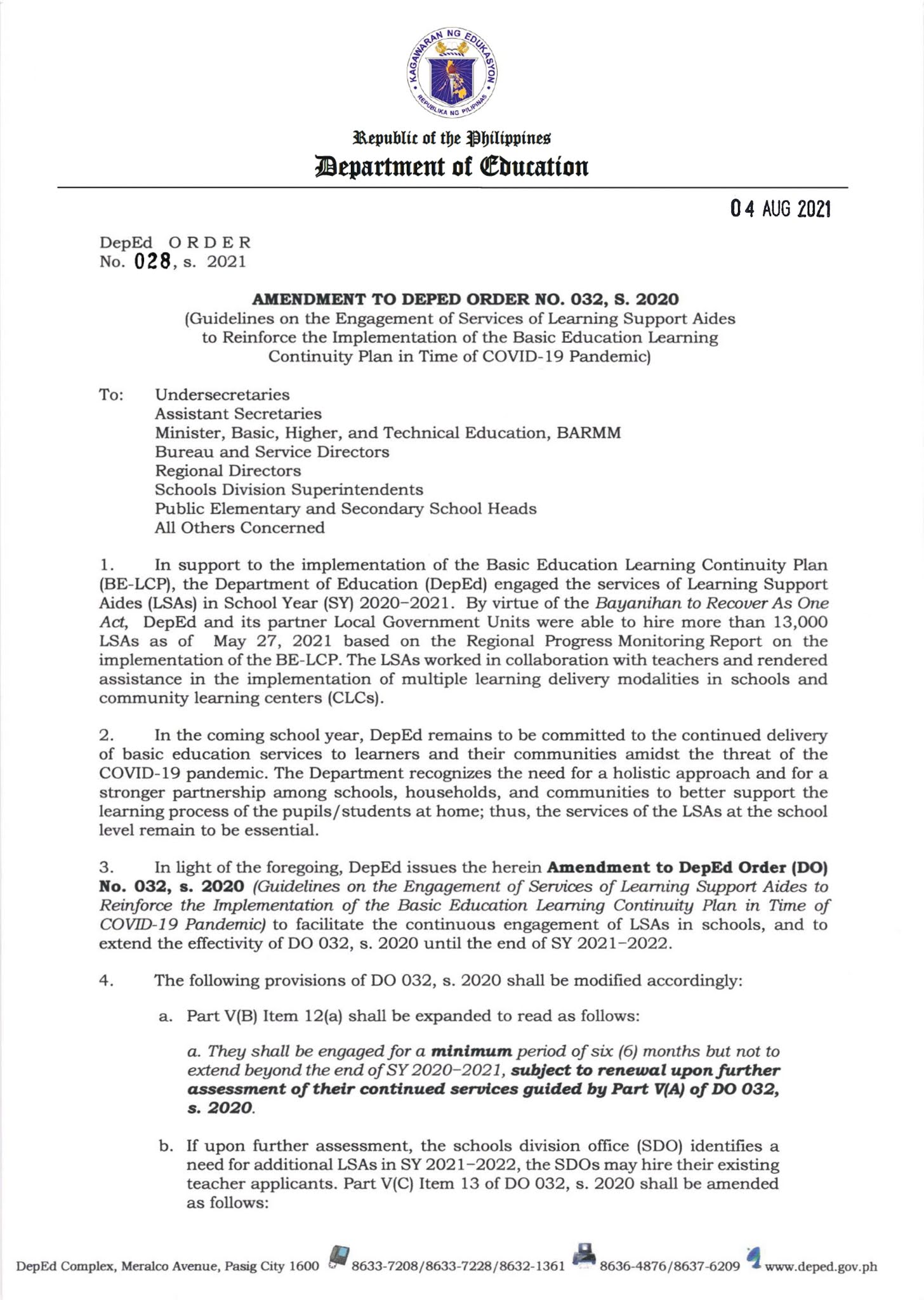 DepEd Order No. 028, s. 2021: AMENDMENT TO DEPED ORDER NO. 032, s. 2020