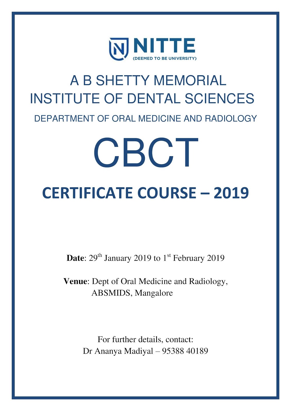 Nitte: Upcoming event: Certificate Course - CBCT - ABSMIDS