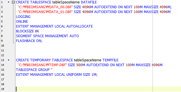 [Oracle] Create Tablespace Script example (테이블스페이스 생성하기 스크립트 예제)