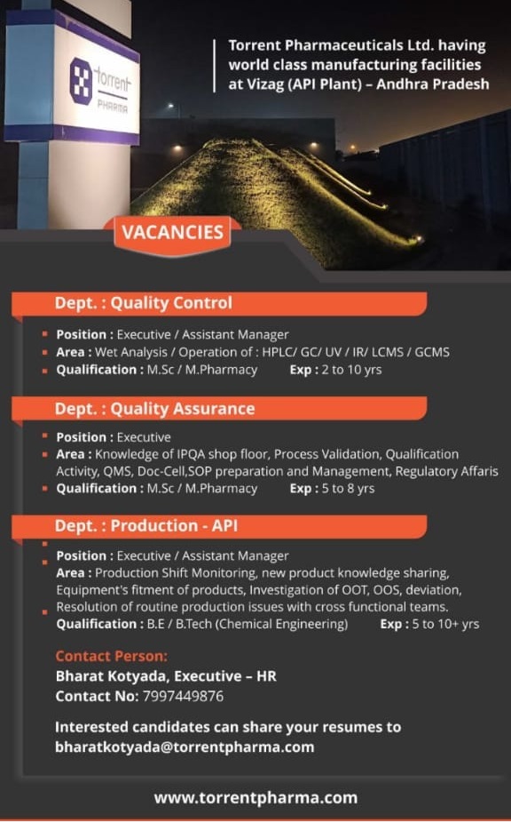 Torrent Pharmaceuticals Ltd - Urgent Openings for Quality Control ...