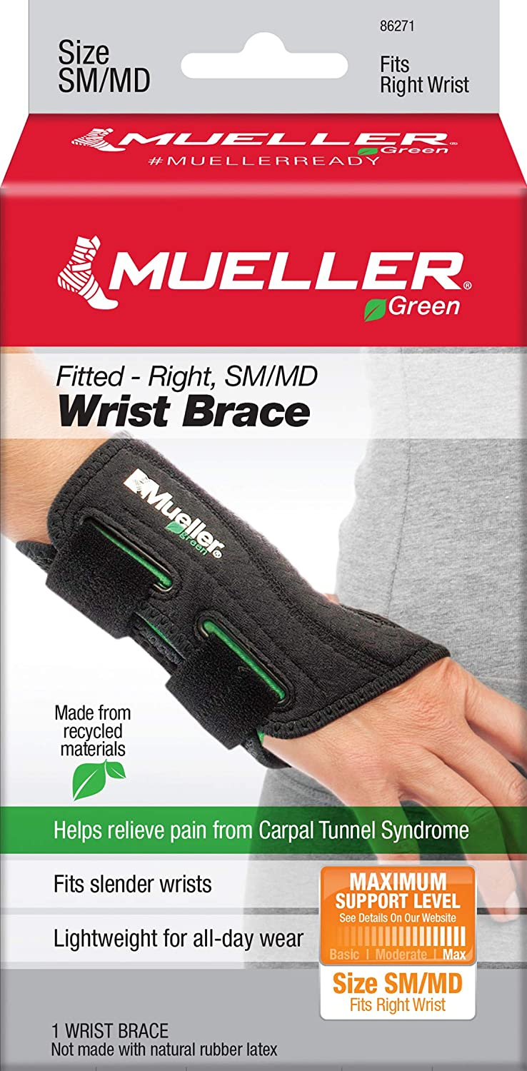 Mueller Green Fitted Wrist Brace, Black, Right Hand, Small/Medium
