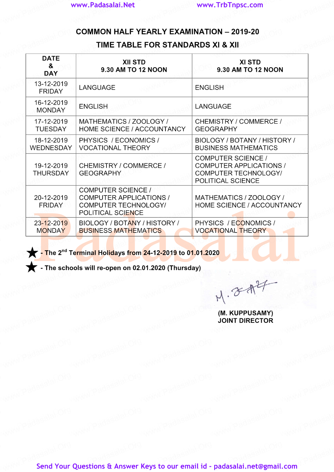 Half Yearly Exam Time Table for 10th, 11th, 12th Standard 2019 - 2020 ...