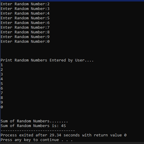 C++ Program to take random numbers from user and calculate their sum
