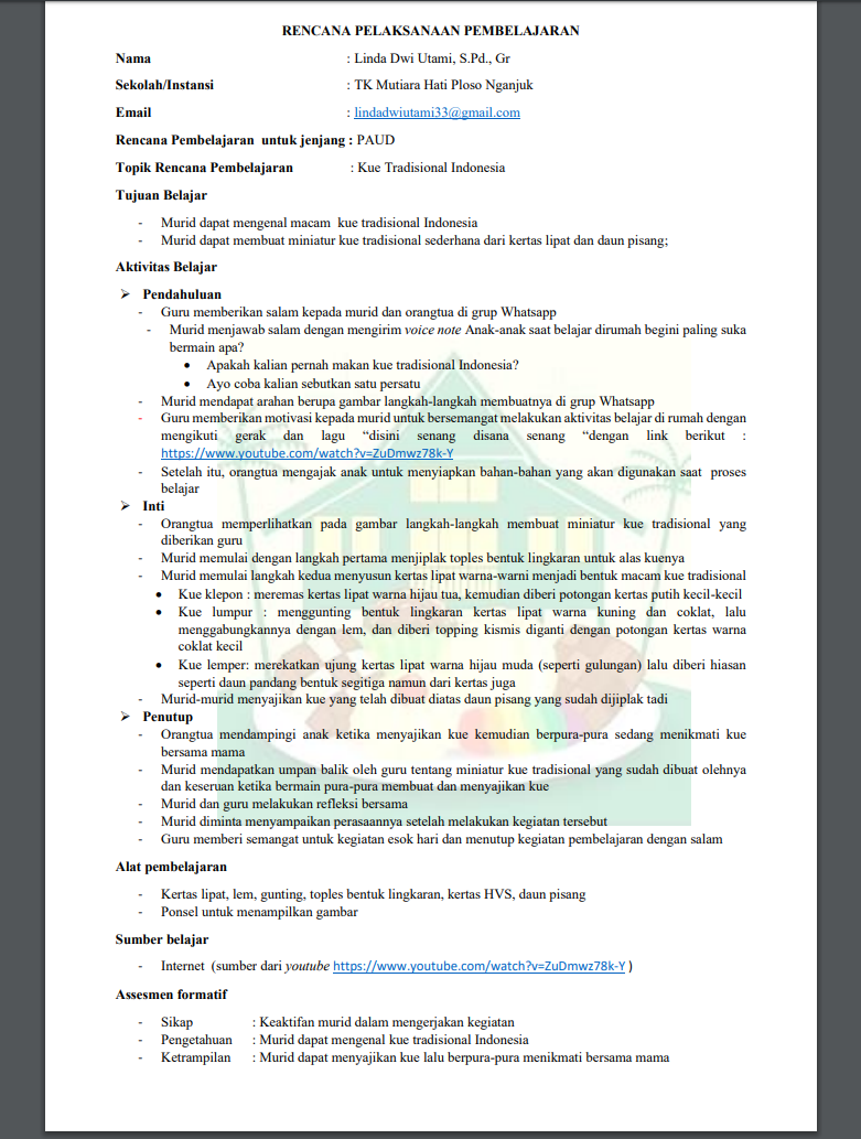 Download Contoh RPP 1 Lembar - Tematik PAUD/TK - Kue Tradisional ...