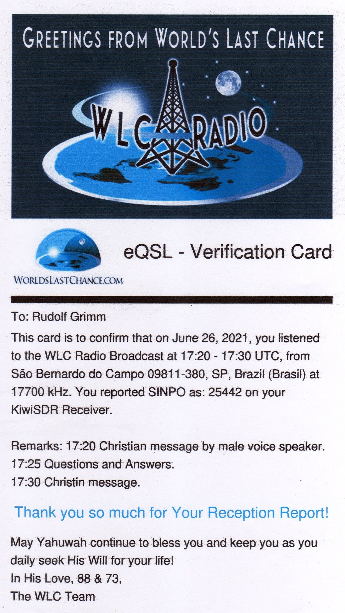 DXways-br: eQSL arrived: 17700 kHz WBCQ World's Last Chance - via ...