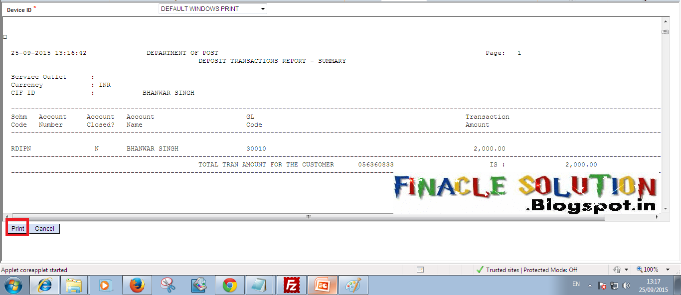 Report of Total Deposit with All Schemes at Counter in POFinacle